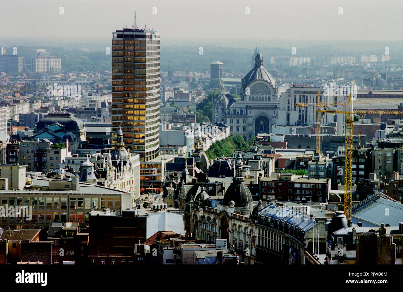 panoramic view over Antwerp, the Dela Tower and the Central Station ...