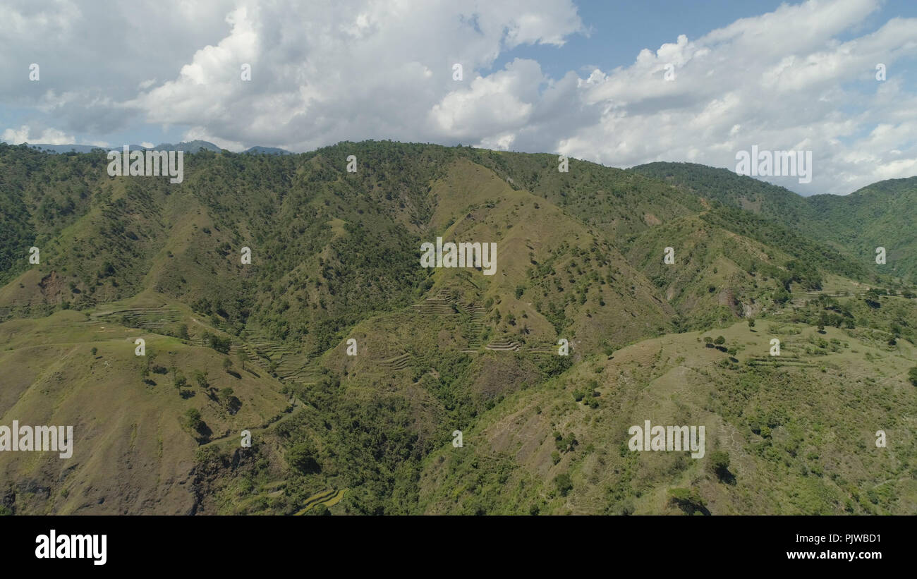 Aerial view of rice fields and agricultural land on the slopes of the ...