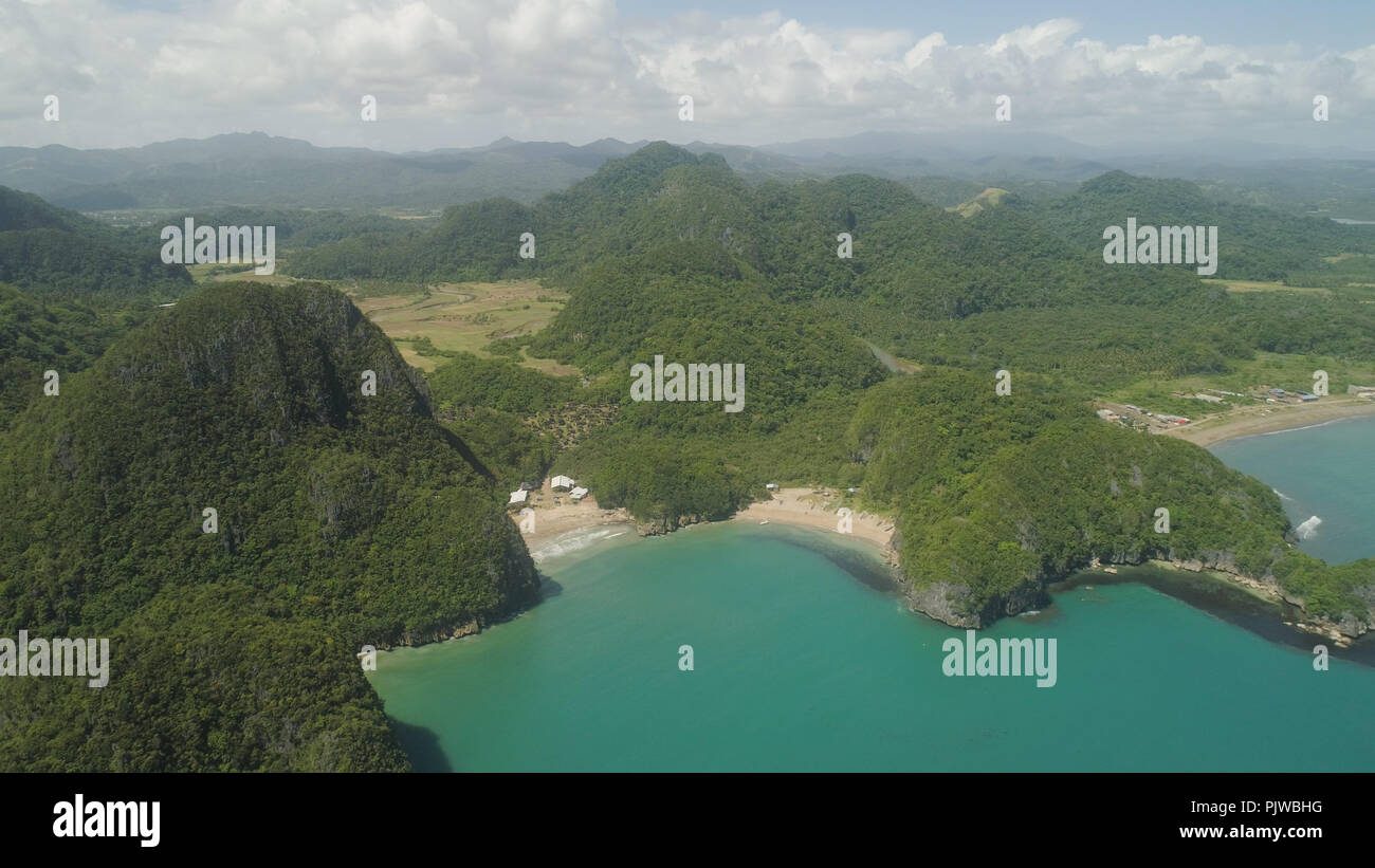 Aerial view of islands with sand beach and turquoise water in blue ...