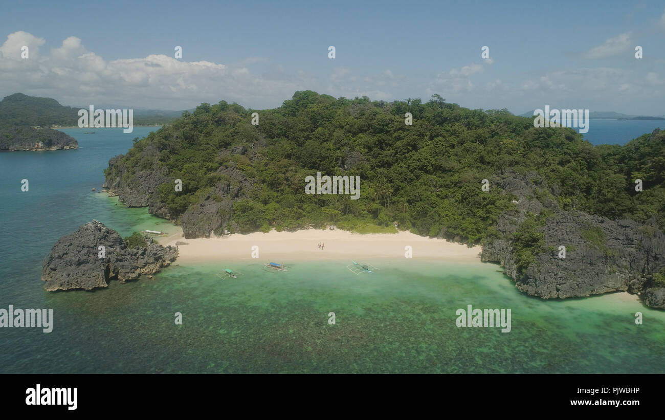 Aerial view Matukad island with sand beach and turquoise water in blue ...