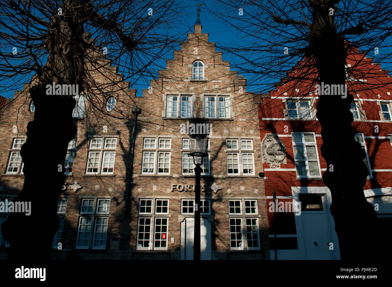 Old facades on the Simon Stevinplein in Bruges (Belgium, 21/03/2009 ...