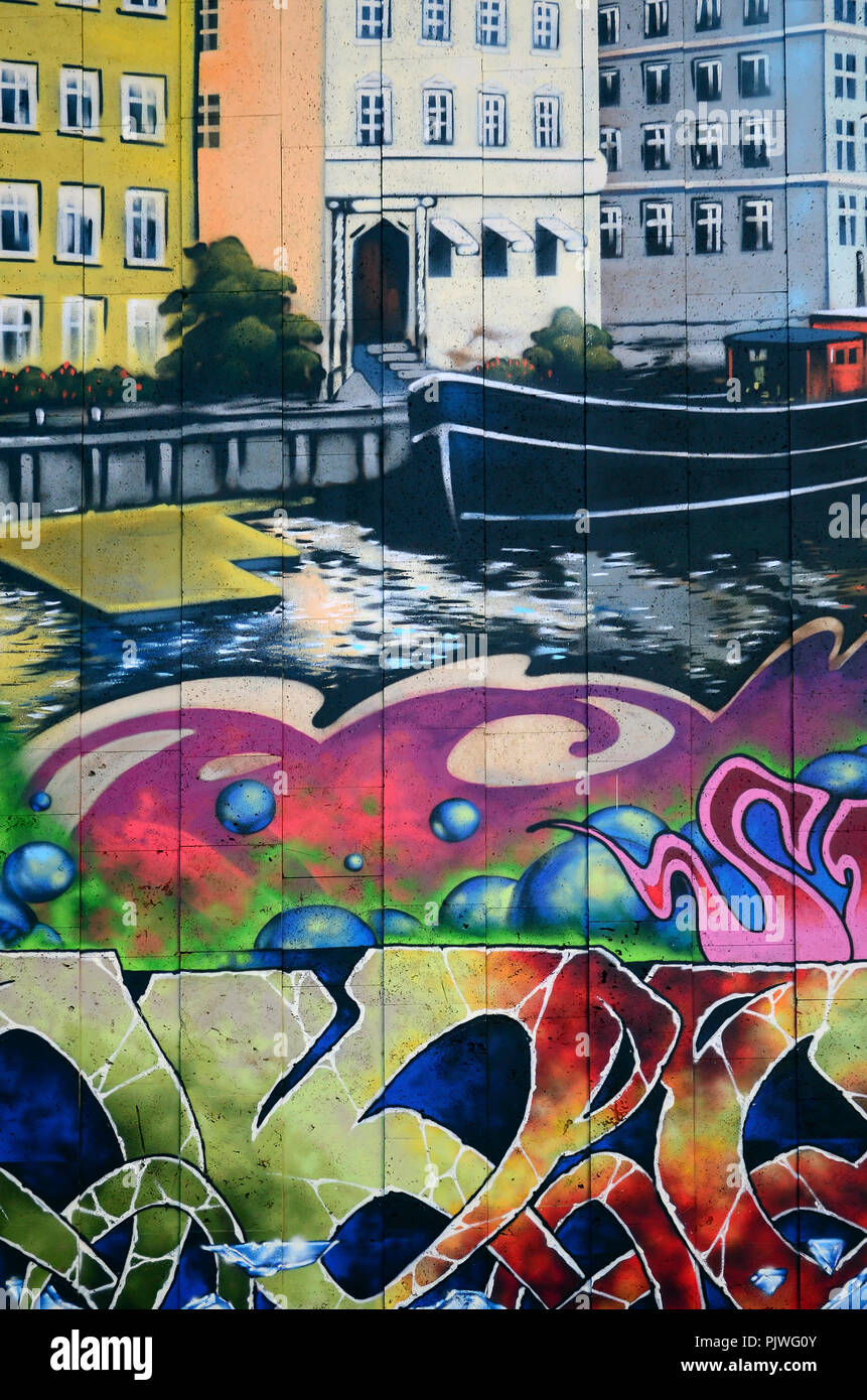 A fragment of detailed graffiti of a drawing made with aerosol paints ...