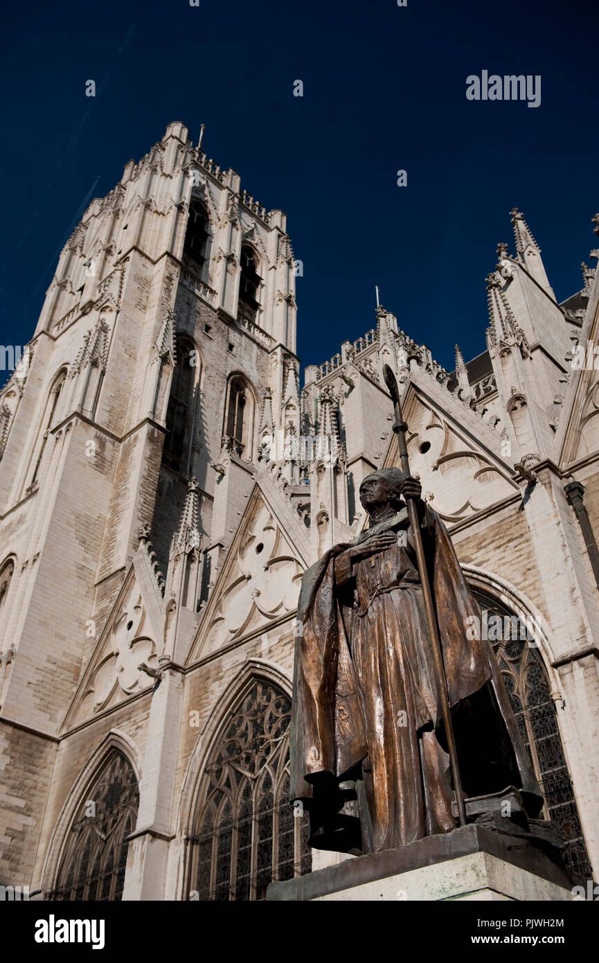 The Cathedral of St. Michael and St. Gudula and the statue of Cardinal ...