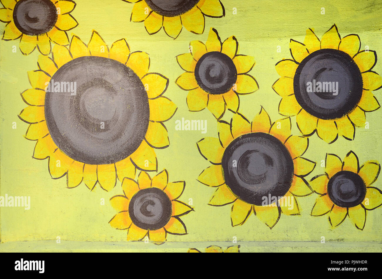 Background texture of wall with graffiti paintings. Yellow sunflowers ...