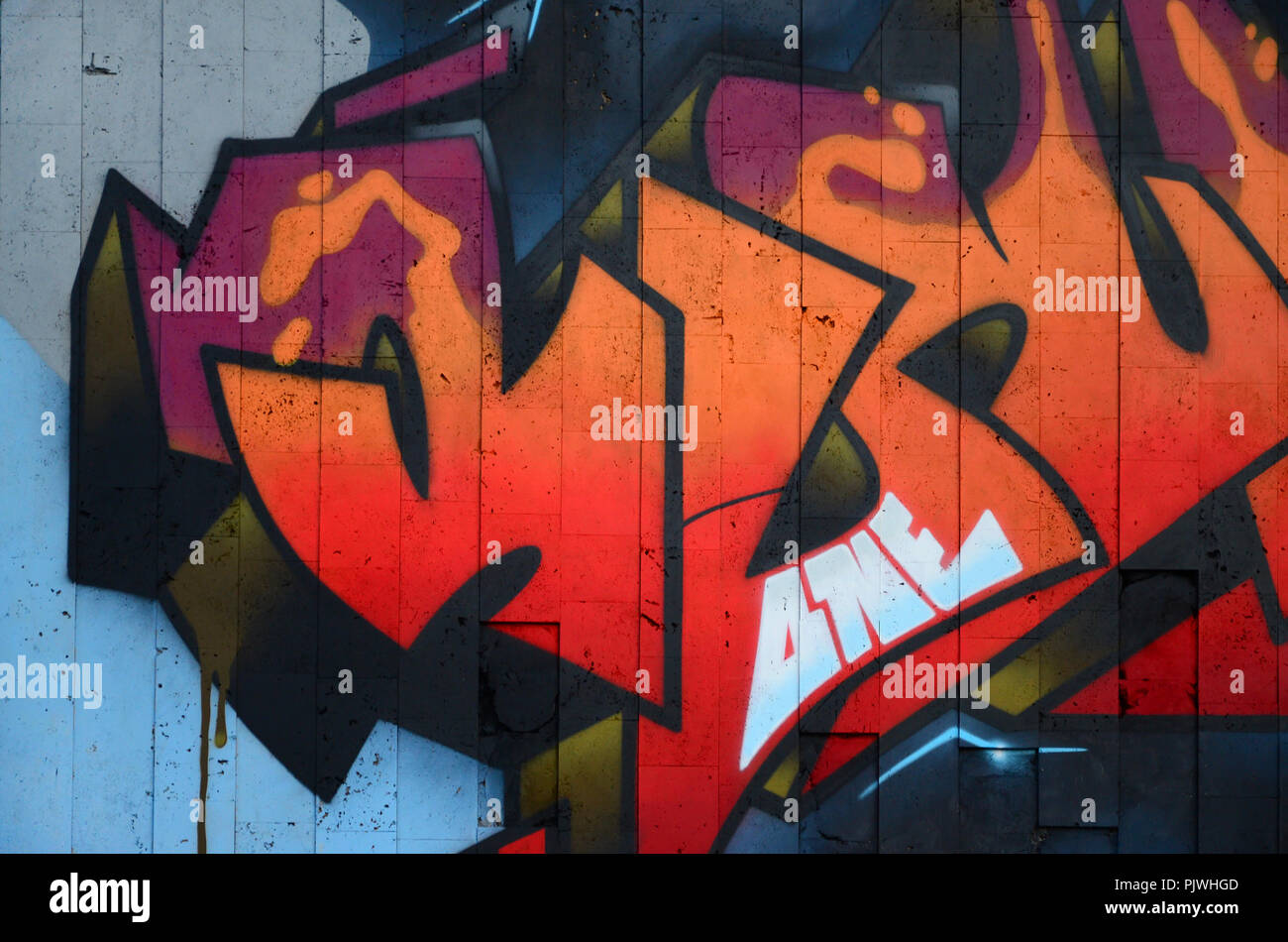 A fragment of detailed graffiti of a drawing made with aerosol paints ...