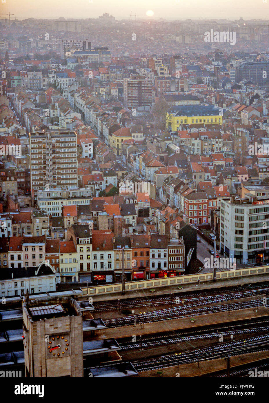 Panoramic view over Brussels-North at sunset from the roof of the ...