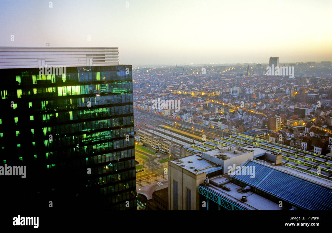 Panoramic view over Brussels-North at sunset from the roof of the ...
