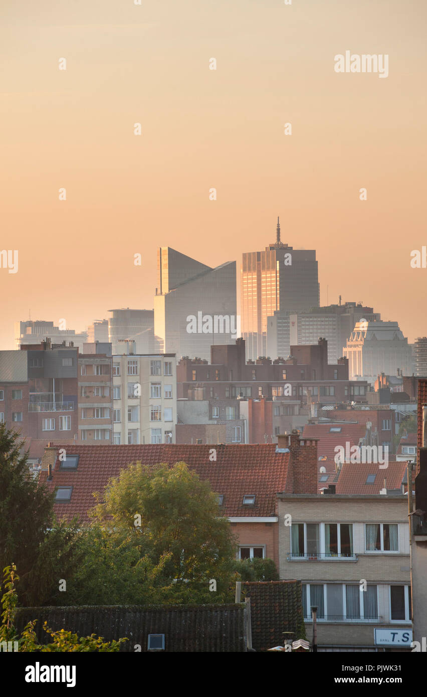 Panoramic view over the Brussels skyline with the Dexia Tower and the ...
