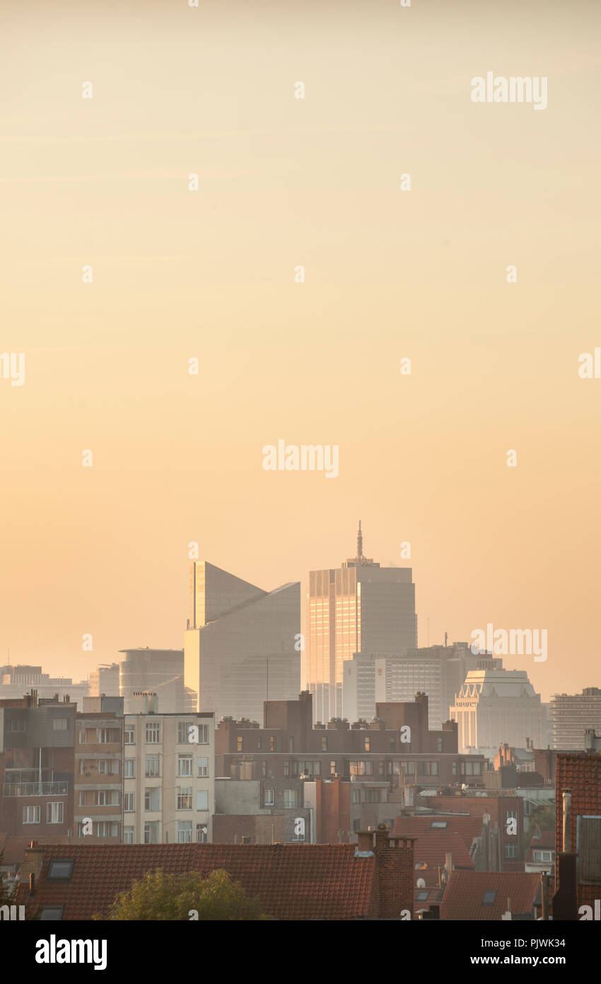 Panoramic view over the Brussels skyline with the Dexia Tower and the ...