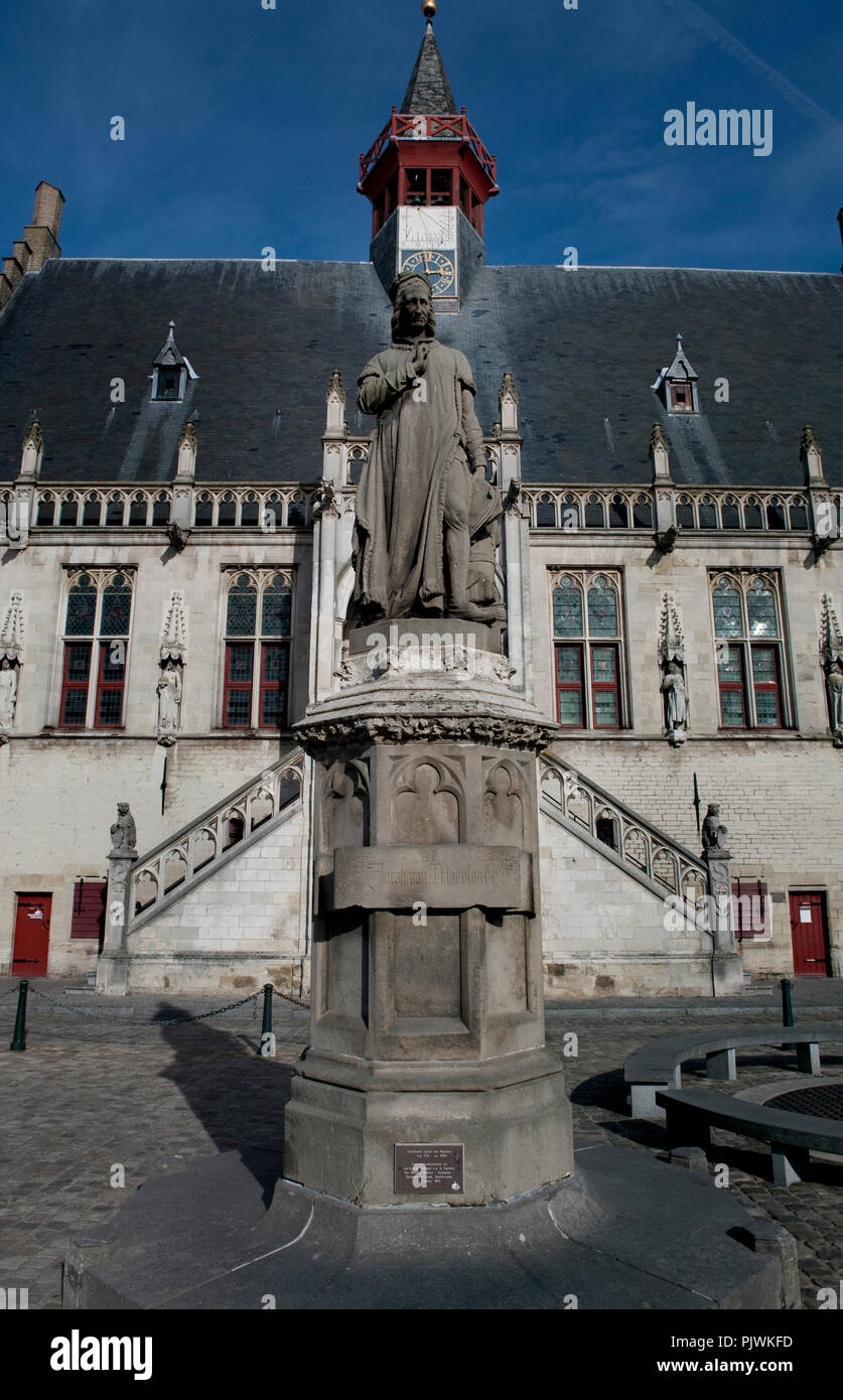The town hall and monument of Jacob Van Maerlant in the touristic town ...