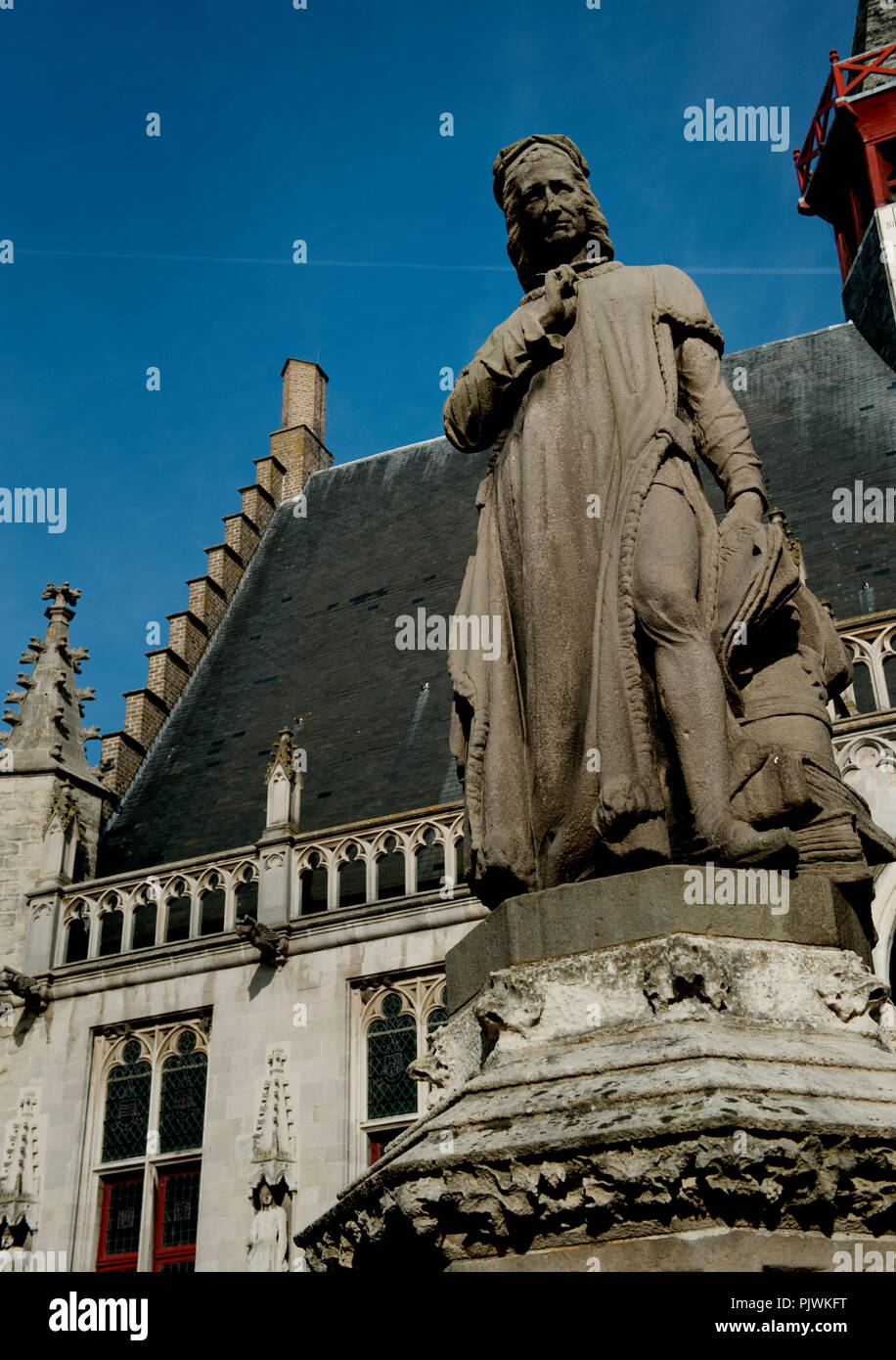 The town hall and monument of Jacob Van Maerlant in the touristic town ...