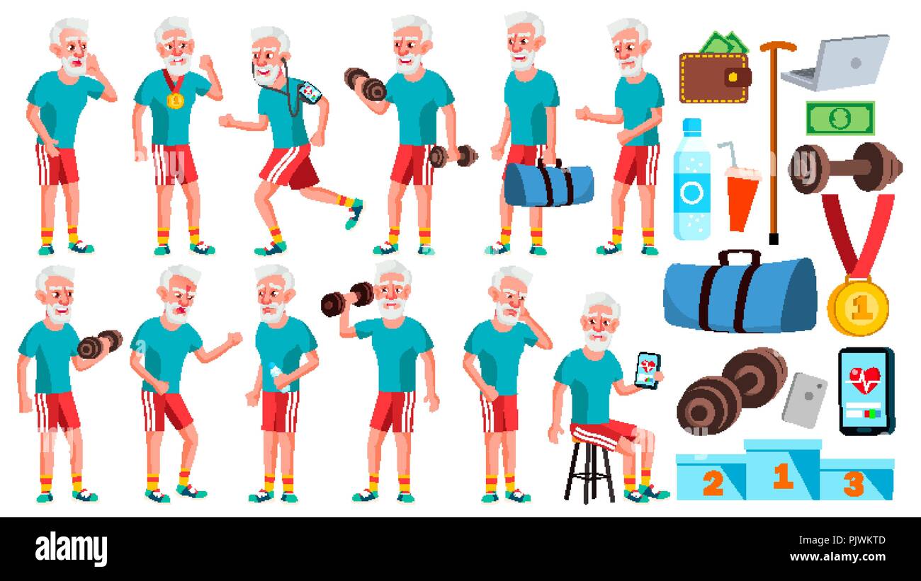 Old Man Poses Set Vector. Elderly People. Senior Person. Aged. Sport ...