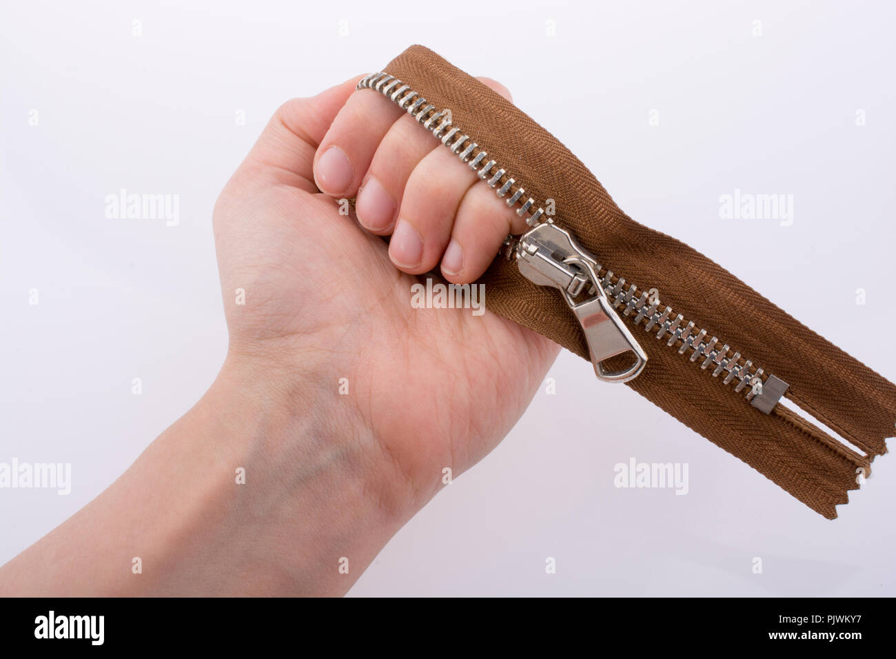 Hand holding color zipper on a white background Stock Photo - Alamy