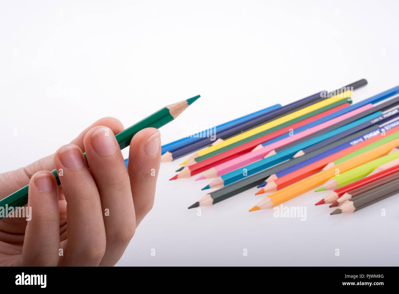 Hand holding color pencils on a white background Stock Photo - Alamy