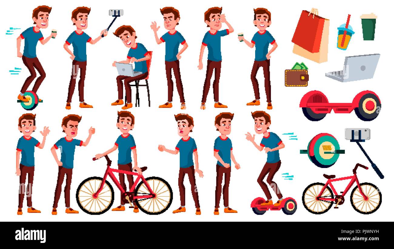 Teen Boy Poses Set Vector. Emotional, Pose. For Advertising, Placard ...