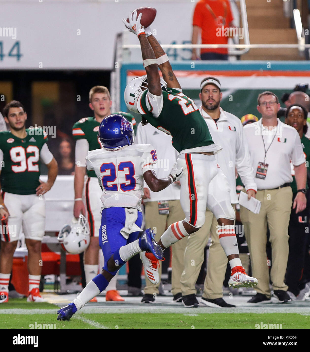 Miami Gardens, Florida, USA. 08th Sep, 2018. Miami Hurricanes defensive ...