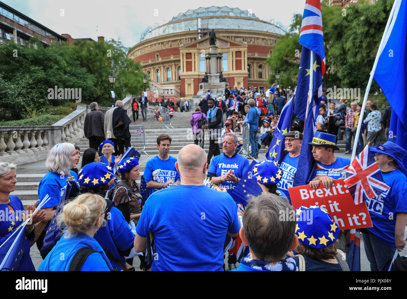 London, UK. , 8th Sep 2018. Pro-EU protesters with European Union flags ...