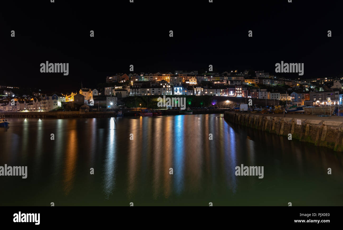 Brixham, UK. 8th September 2018. Brixham Harbour at night with boats ...