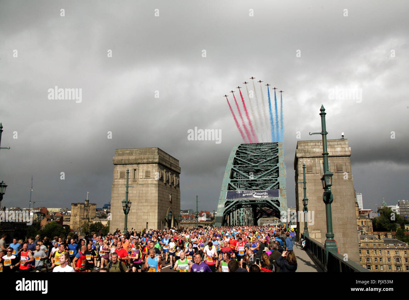 Newcastle upon Tyne, UK. 9 September 2018. The Red Arrows flypast over ...
