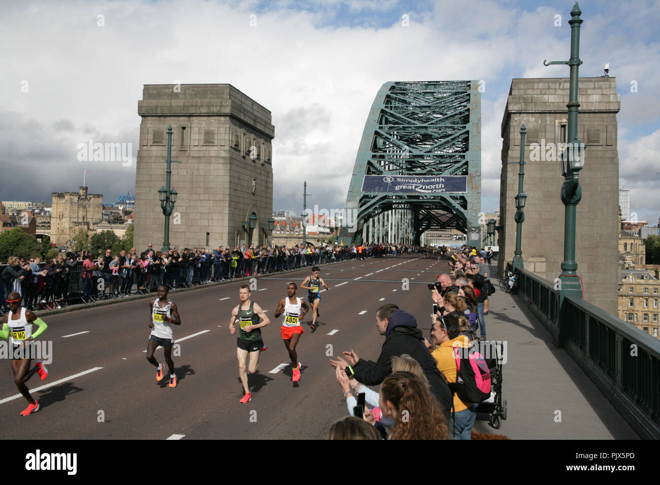 The Great North Run 2018. The Red Arrows flypast over Tyne Bridge with ...