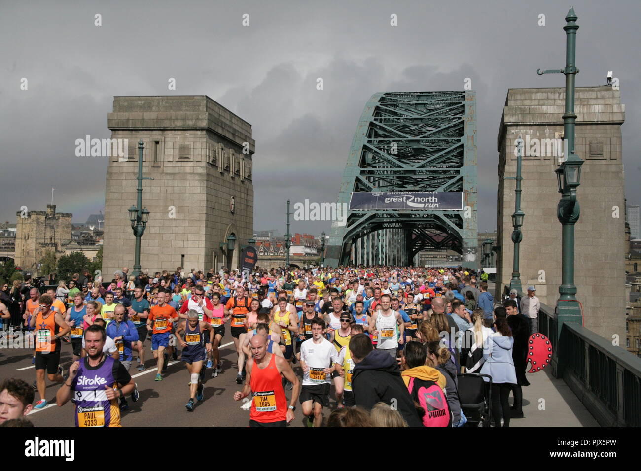 The Great North Run 2018. The Red Arrows flypast over Tyne Bridge with ...