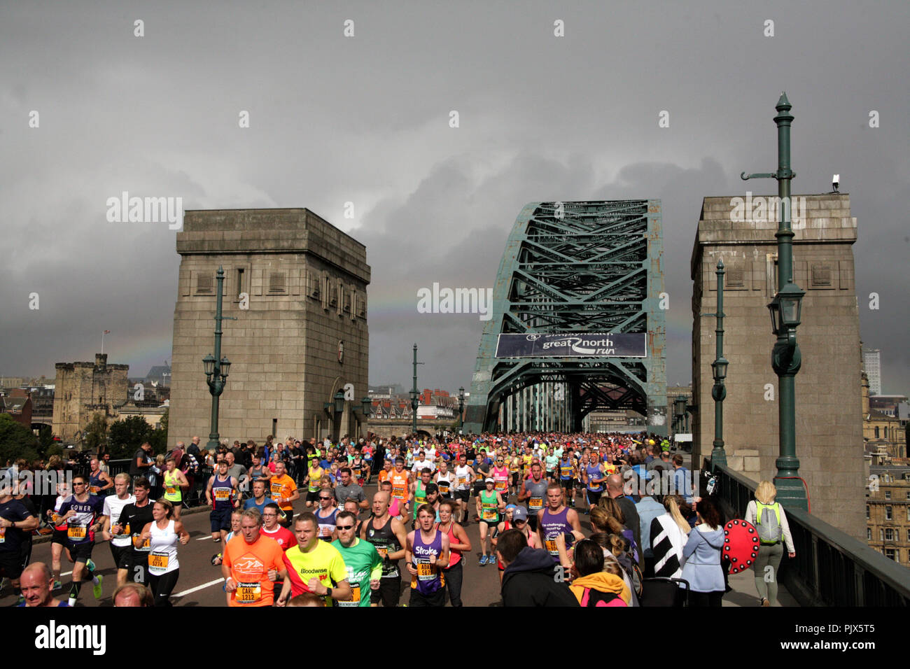 The Great North Run 2018. The Red Arrows flypast over Tyne Bridge with ...