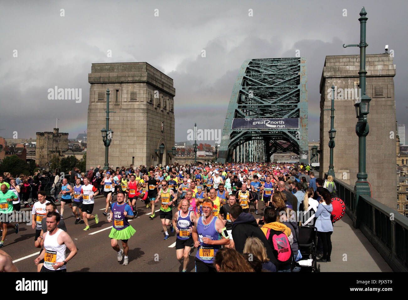 The Great North Run 2018. The Red Arrows flypast over Tyne Bridge with ...