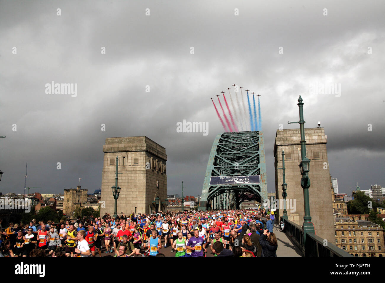 The Great North Run 2018. The Red Arrows flypast over Tyne Bridge with ...