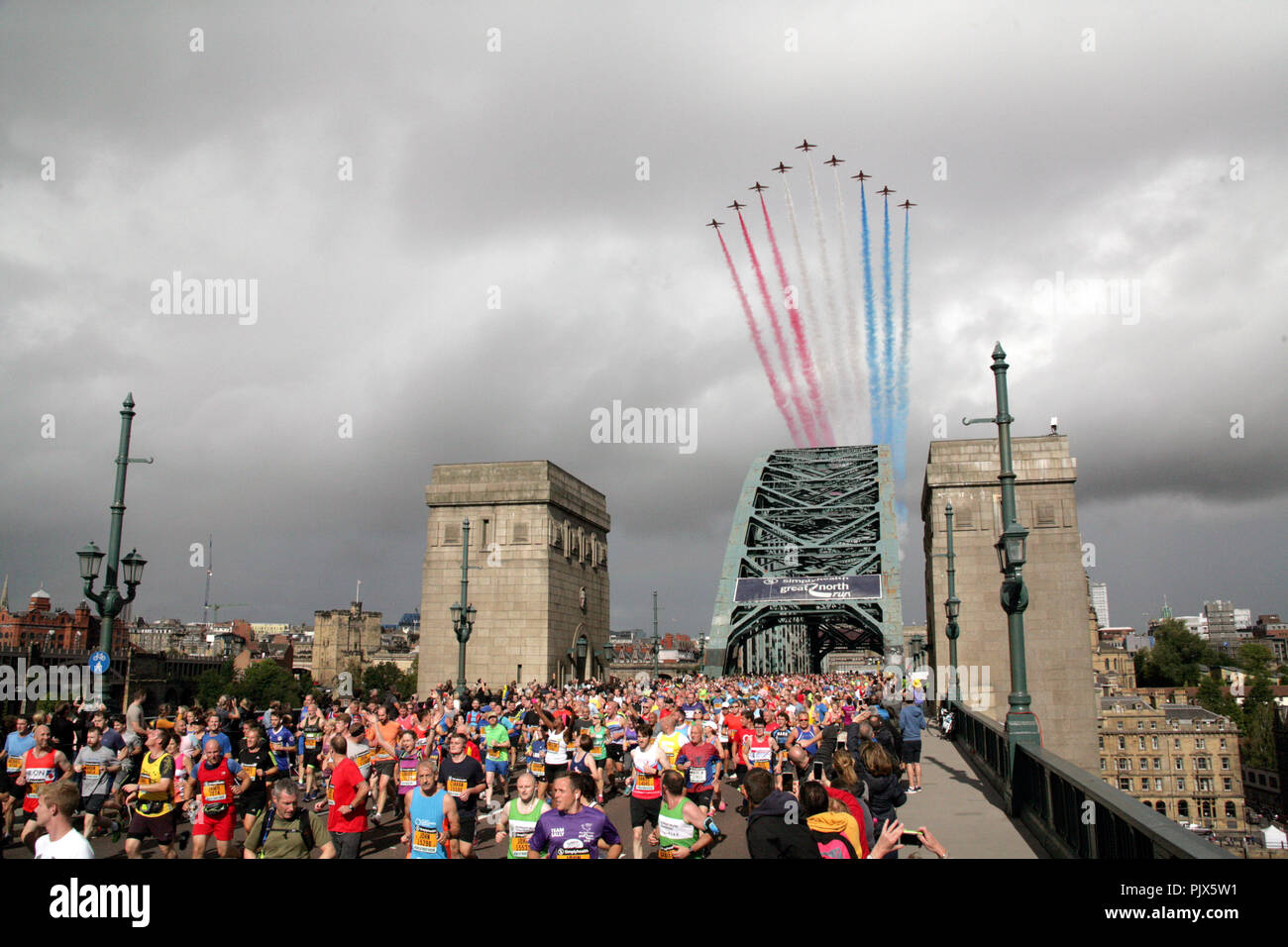 The Great North Run 2018. The Red Arrows flypast over Tyne Bridge with ...