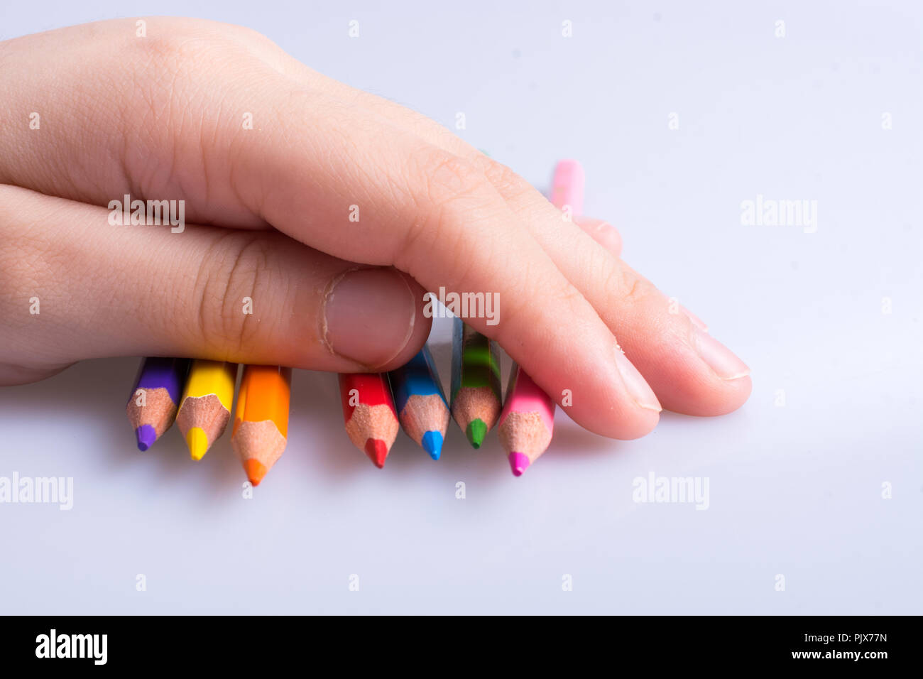 Hand holding color Pencils placed on a white background Stock Photo - Alamy