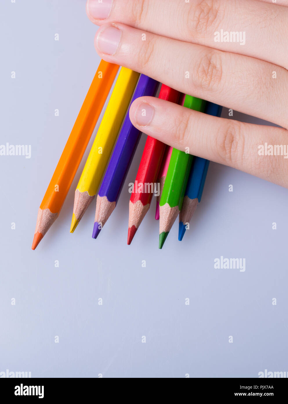 Hand holding color Pencils placed on a white background Stock Photo - Alamy