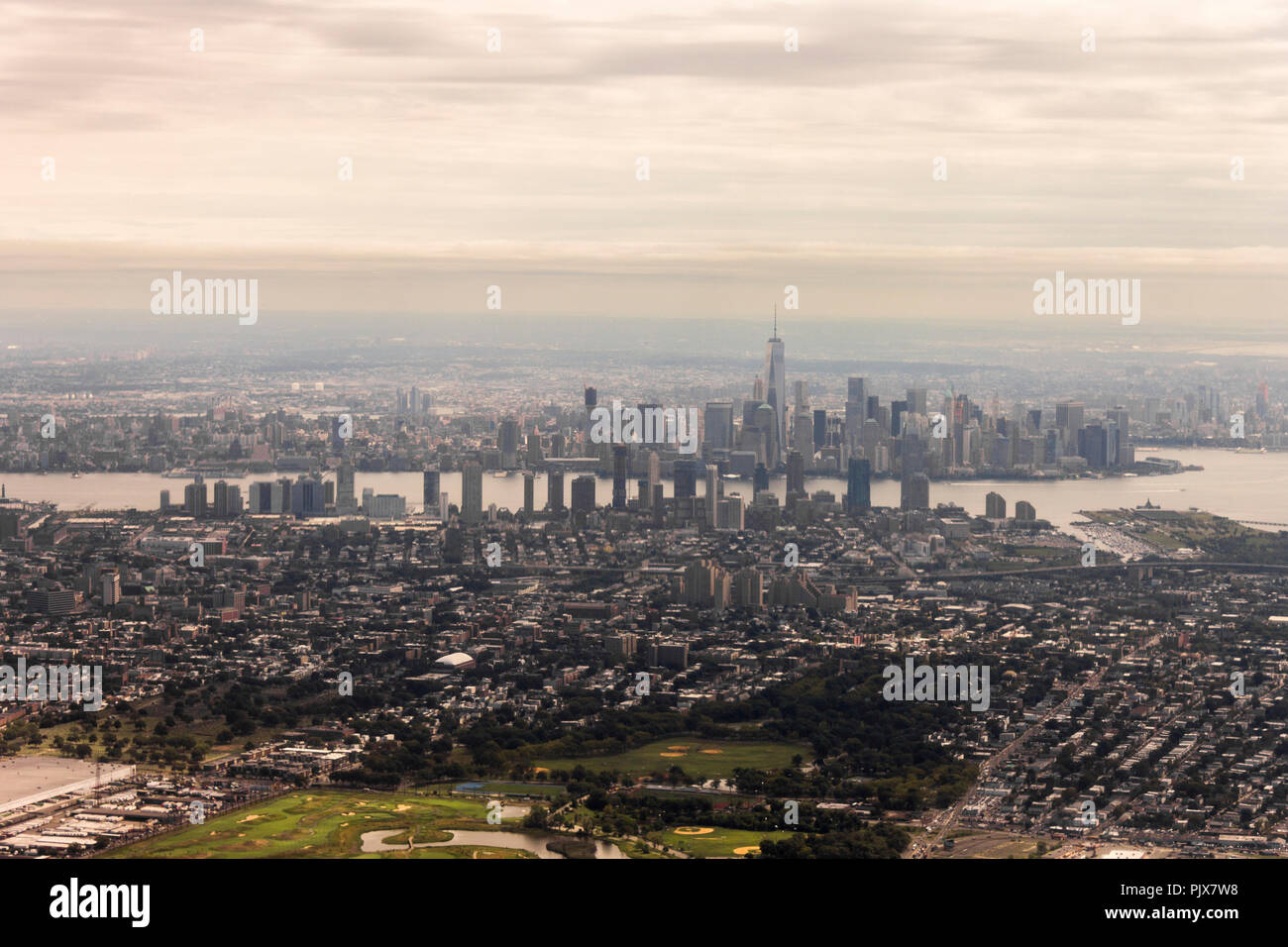 New York City. Aerial views of the Manhattan Skyline from a flight ...