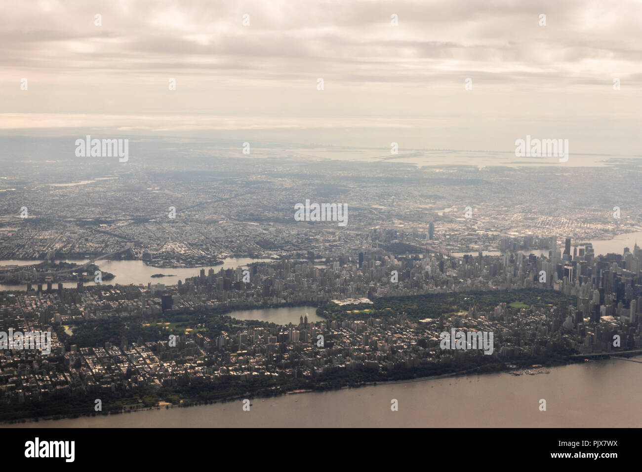 New York City. Aerial views of the Manhattan Skyline from a flight ...