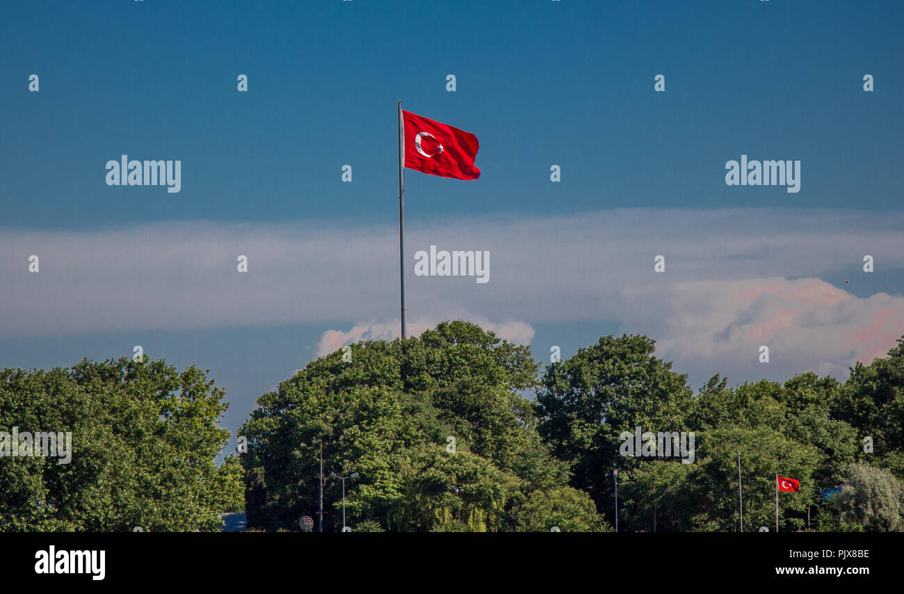 Turkish national flag hang on a pole in open air Stock Photo - Alamy
