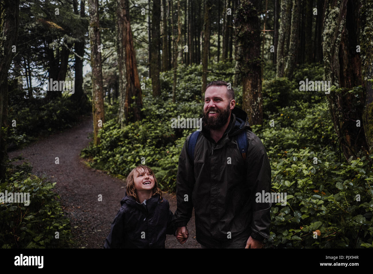 Father and daughter hiking in forest, Tofino, Canada Stock Photo - Alamy