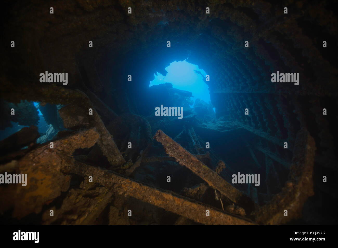 Underwater view of Rhone shipwreck, British Virgin Islands Stock Photo ...