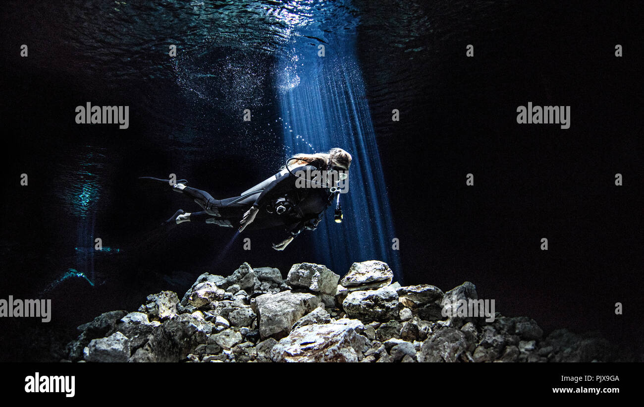 Freediver cavern diving, Tulum, Quintana Roo, Mexico Stock Photo - Alamy