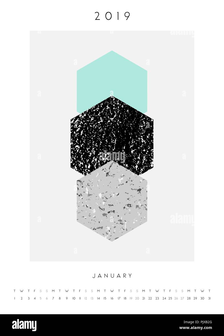 Printable A4 size January 2019 calendar template. Abstract composition ...
