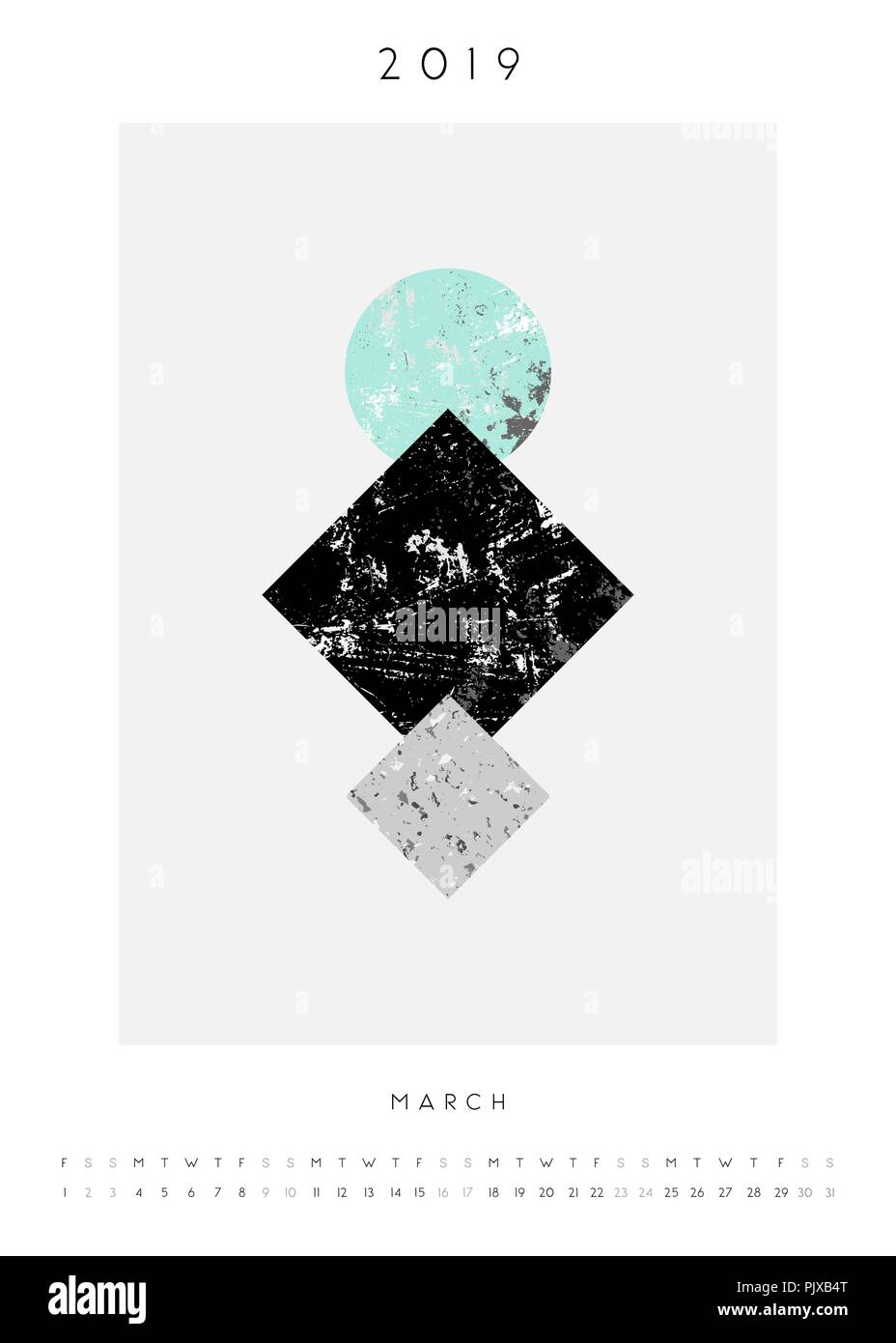 Printable A4 size March 2019 calendar template. Abstract composition ...