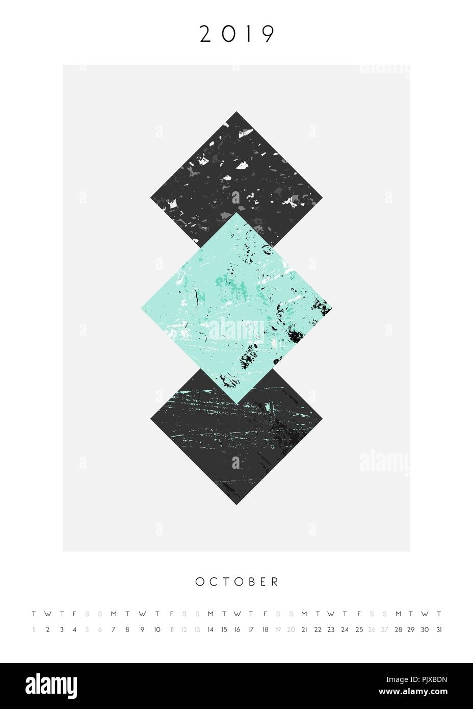 Printable A4 size October 2019 calendar template. Abstract composition ...