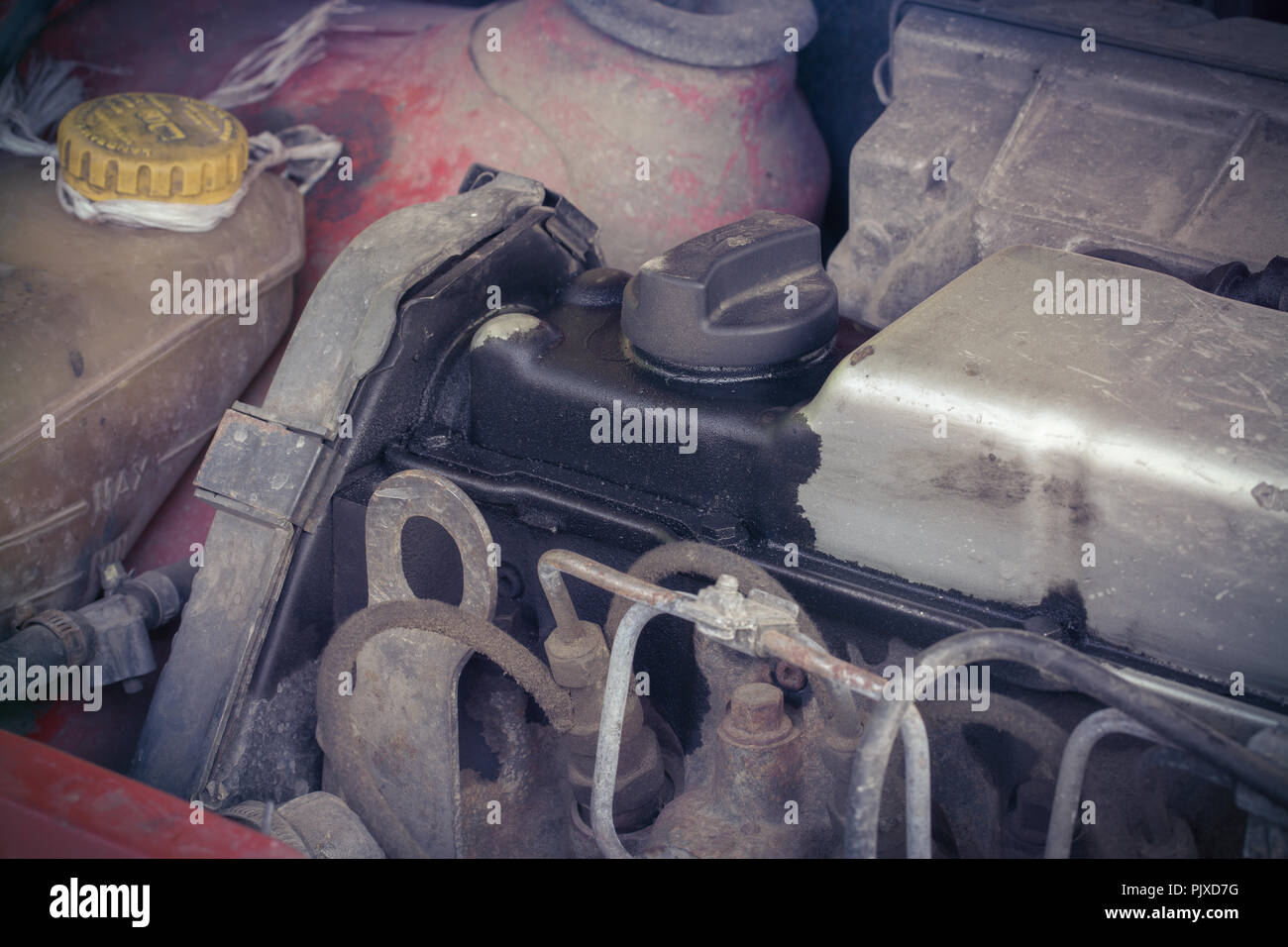 Old diesel engine of the car used as background. Retro style Stock ...