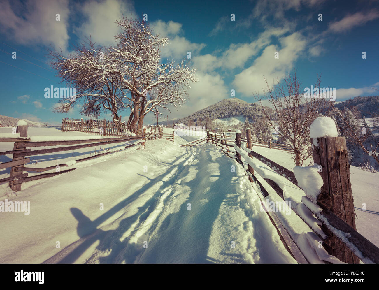 Sunny landscape in the mountain village. Retro style Stock Photo - Alamy