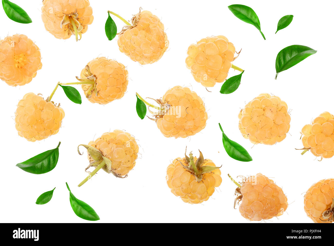 Yellow raspberries with leaf isolated on white background. Top view ...