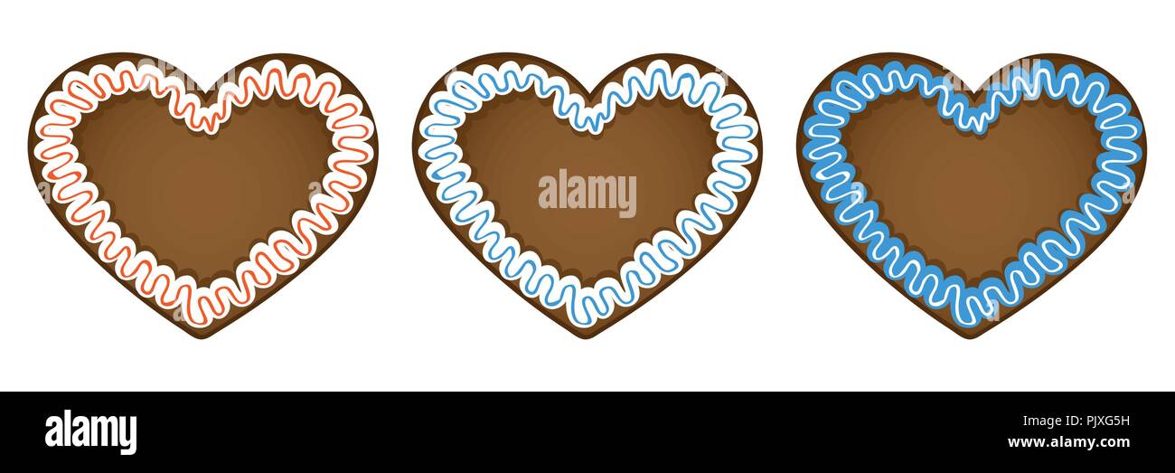set of three gingerbread hearts in different colors vector illustration ...