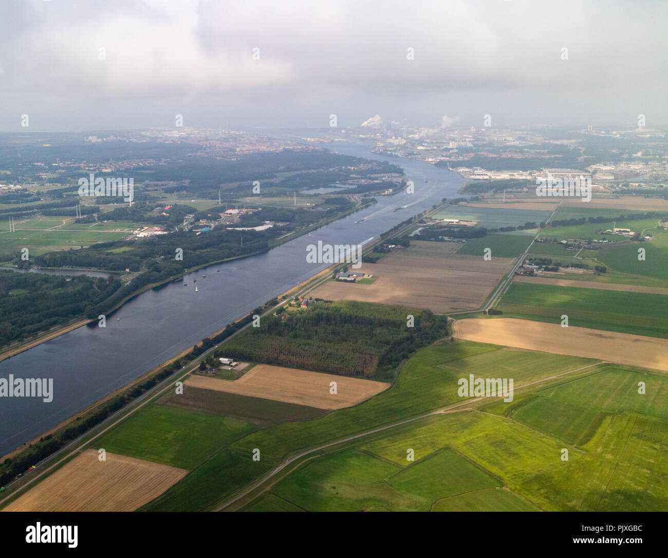 An aerial view of the river Amstel flowing into Amsterdam in the ...