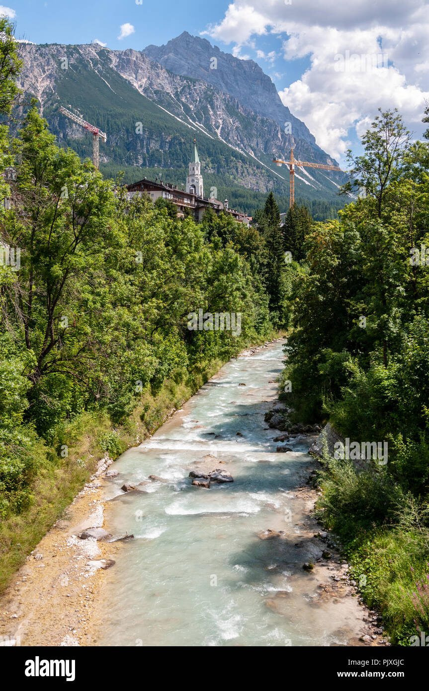 Cortina D' Ampezzo, Italy, July 28, 2018. A local mountain stream ...