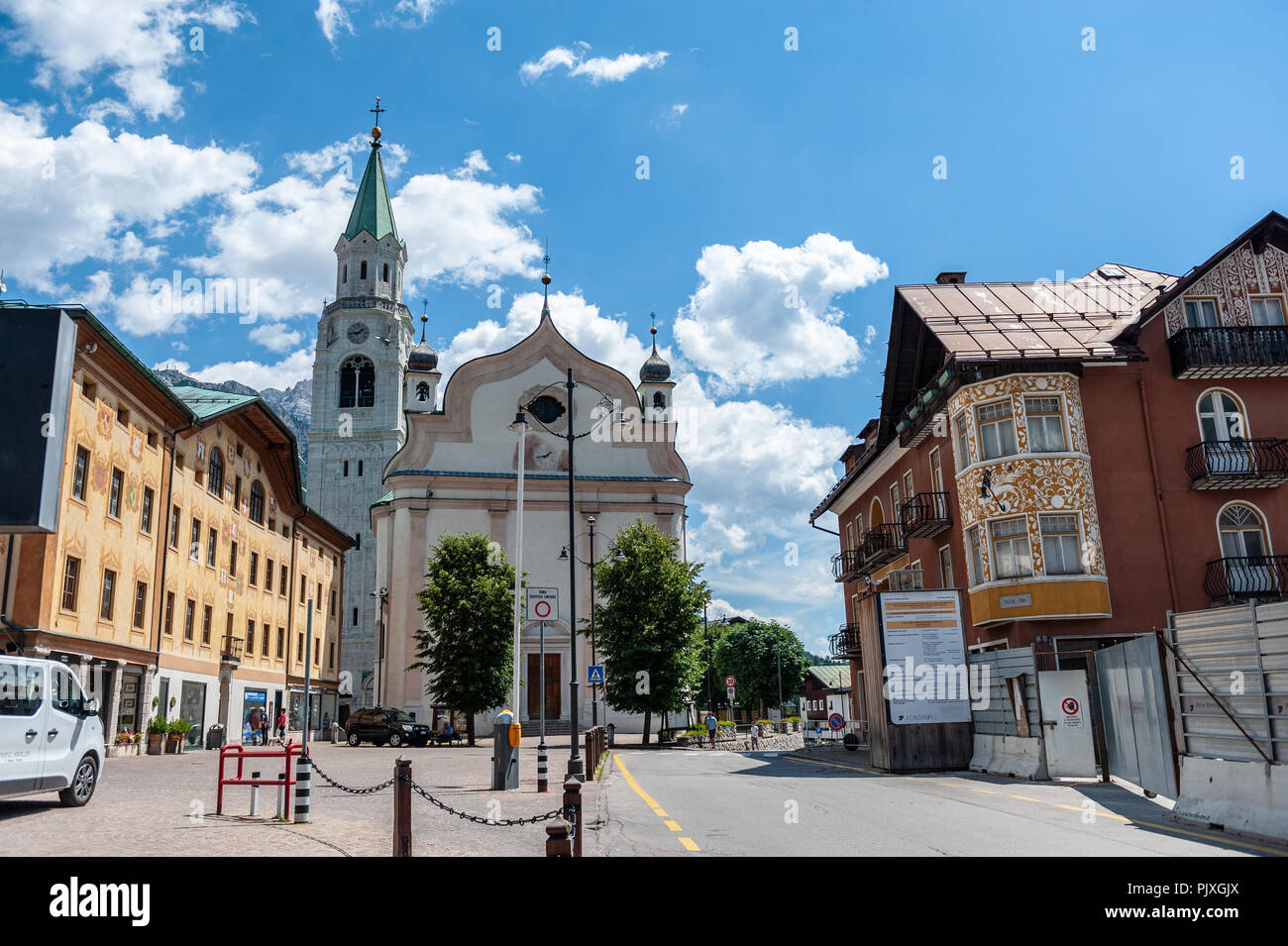 Cortina D' Ampezzo, Italy, July 28, 2018. The main church of the City ...