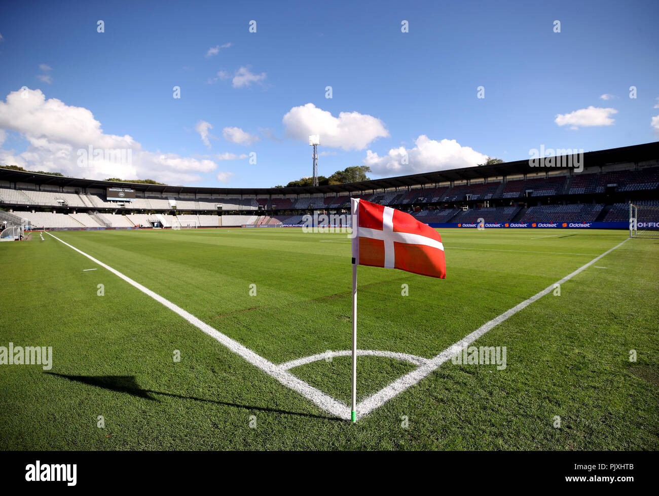 A Denmark flag corner flag at the stadium before the Nations League ...