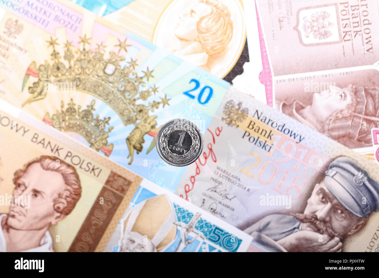 Polish Zloty coin on the background of Polish banknotes Stock Photo - Alamy