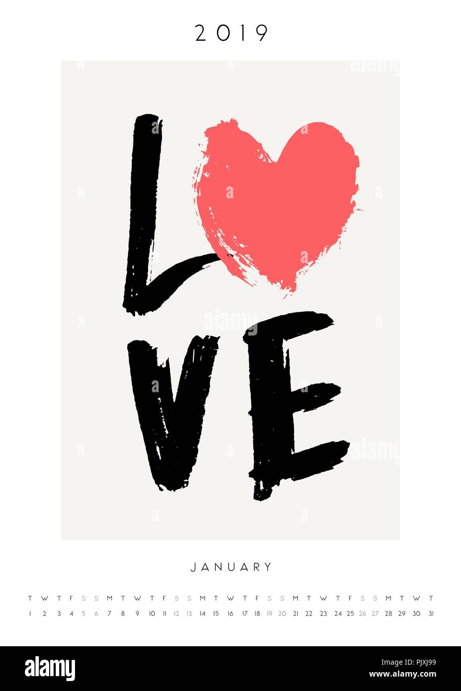 Printable A4 size January 2019 calendar template. Hand drawn heart and ...